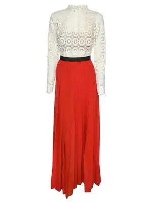 SELF-PORTRAIT Floral Lace Detail Pleated Maxi Dress - Red