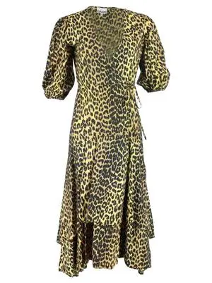 GANNI Leopard-pattern Wrap Midi Dress - Yellow