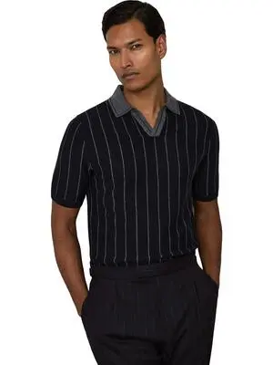 REISS Huntsman Wool Open-collar Striped Polo Shirt - Navy