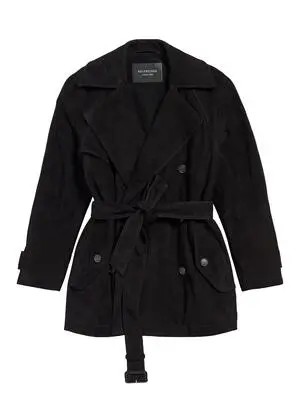 Balenciaga Lambskin Suede Short Trench Coat - Black