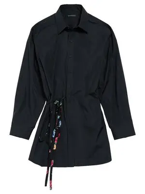 Balenciaga Cotton Mini Shirt Dress With Floral Sash - Black