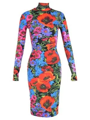 Dolce & Gabbana Floral-print Turtleneck Dress - Black
