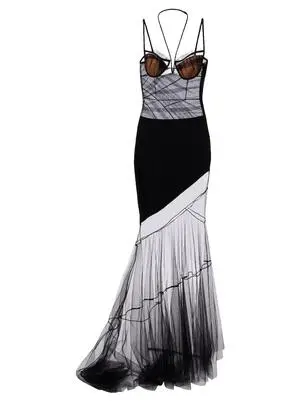 NENSI DOJAKA Asymmetric Draped Sheer Maxi Dress - Black