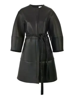 Carolina Herrera Arc Sleeve Leather Coat With Braided Belt - Black