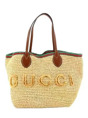 Gucci Logo Open Woven Raffia Medium Tote Bag - Neutrals
