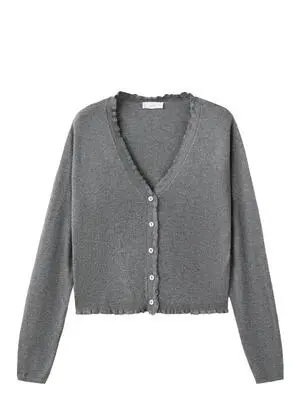 Mango Ruffle Trimmed Cropped Cardigan - Medium Heather Grey