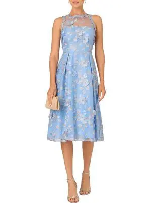 Adrianna Papell Floral Embroidered Fit & Flare Midi Cocktail Dress - Light Blue/gold