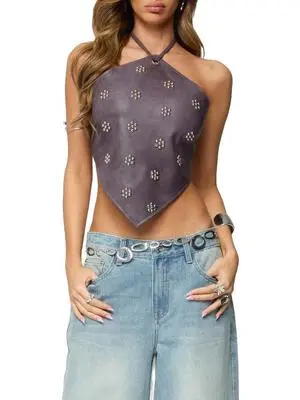 EDIKTED Shila Studded Faux Leather Halter Top - Purple