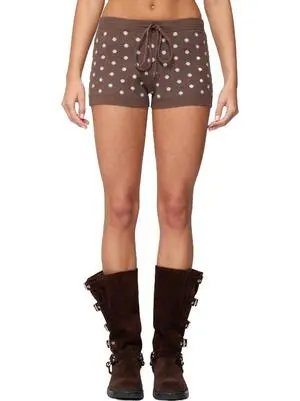 EDIKTED Polka Dot Knit Drawstring Shorts - Brown