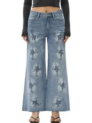 BAYEAS Embroidered Beaded Wide Leg Jeans