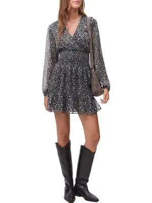 Mango Leopard Print Long Sleeve Mini Dress - Grey