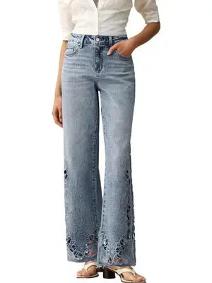 BAYEAS Floral Embroidered Raw Hem Wide Leg Jeans - Light Blue