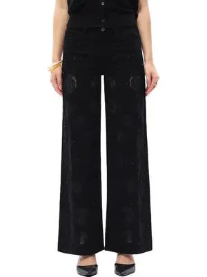BAYEAS Floral Studded Mid-rise Wide-leg Jeans - Black