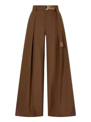 Sacai Belted Pleated Crepe Wide-leg Pants - Brown