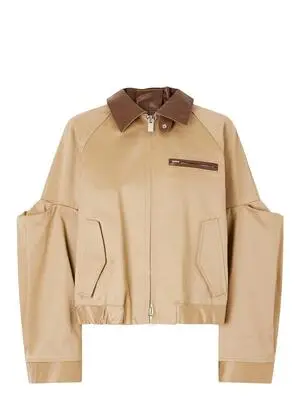 Sacai Pleated Leather-trimmed Cotton-twill Jacket - Neutrals