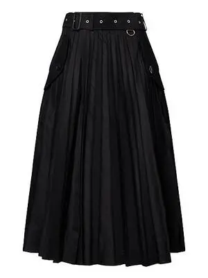 Sacai Pleated Belted Cotton-blend Midi Skirt - Black