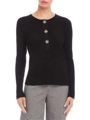 Karen Kane Rib Knit Half Placket Top - Black