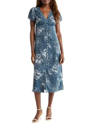 Lucky Brand Lace Trim Floral Print Midi Dress - Navy Multi