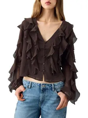 Mango Ruffle Front Button Crop Top - Brown