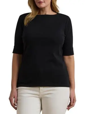Ralph Lauren Judy Elbow Sleeve Boat Neck Stretch Cotton Top - Polo Black