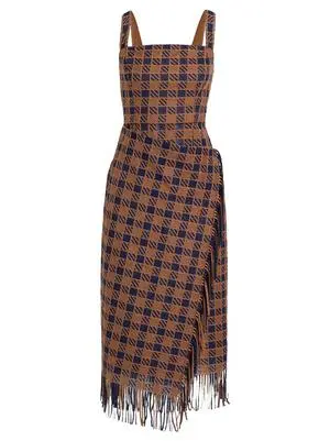 Oscar De La Renta Fringed Checked Guipure Lace Midi Dress - Light Brown