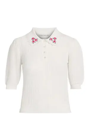 Alessandra Rich Floral-appliquéd Pointelle-knit Wool Polo Sweater - Off-white