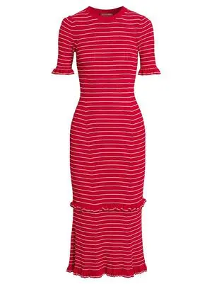 ALTUZARRA Ruffled Striped Ribbed-Knit Midi Dress