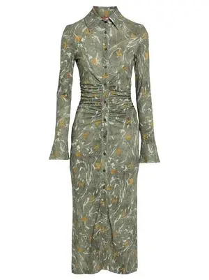 Altuzarra Ruched Printed Crepe Midi Shirt Dress - Grey Green
