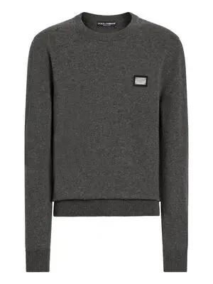 Dolce & Gabbana Wool Round-neck Sweater With Branded Tag - Grey