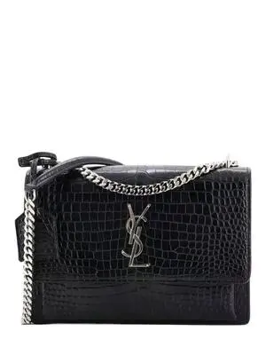 Saint Laurent Sunset Crocodile Embossed Leather Medium Crossbody Bag - Black