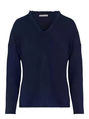 ALLUDE Fringed-neck V-neck Sweater - Blue