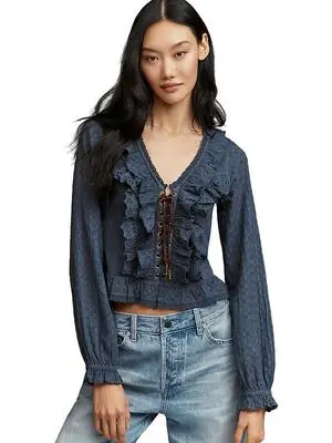 PILCRO Eyelet Ruffle Long-sleeve Blouse - Muted Sky
