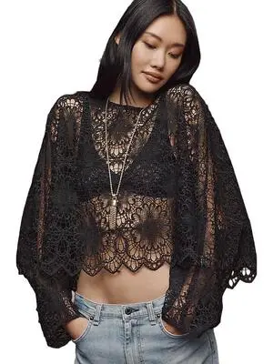 CURRENT AIR Current Air Cutwork Lace Poncho Top Black