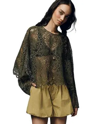 CURRENT AIR Current Air Cutwork Lace Poncho Top Moss