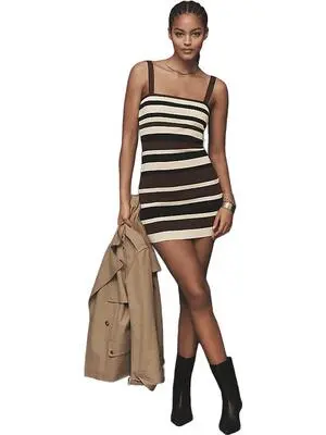 SIEMPRE Square-neck Bodycon Mini Dress - Brown Stripe