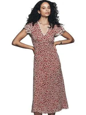 EXQUISE V-neck Flutter-sleeve Midi Dress - Ivory/red Floral