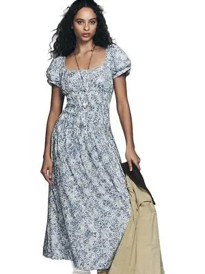 REFORMATION Riva Smocked Puff Sleeve Midi Dress - Blue Floral