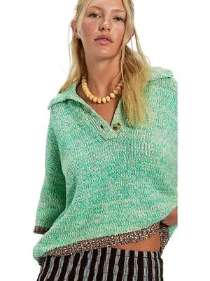 Free People On The Roll Knit Polo - Mint Combo