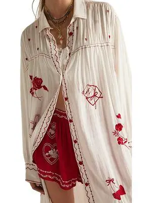 Free People Embroidered Maxi Shirt - Ivory Combo