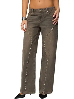 EDIKTED Charliza Studded Low-Rise Baggy Jeans Brown-washed
