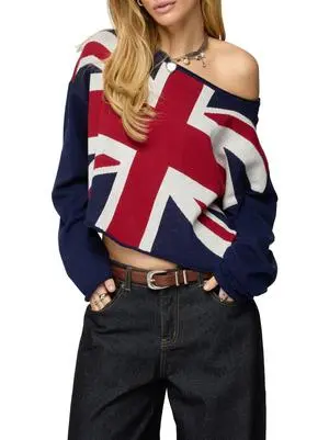 EDIKTED London Babe Off-the-shoulder Graphic Sweater - Navy
