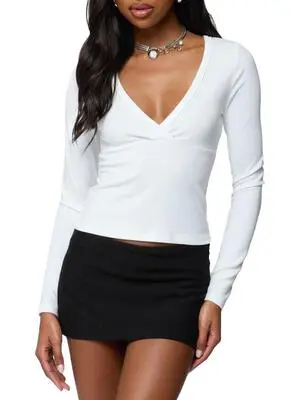 EDIKTED Doron Long Sleeve V-neck Crop Top - White
