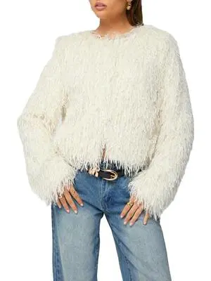 EDIKTED Aleandra Fringe Faux Fur Crop Jacket - Cream