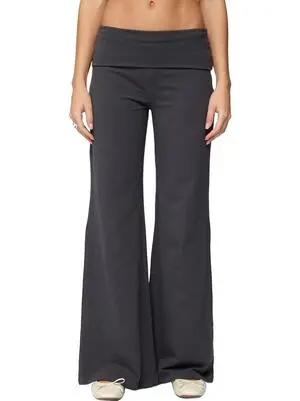 EDIKTED Wide-leg Fold-over Knit Pants - Dark-gray