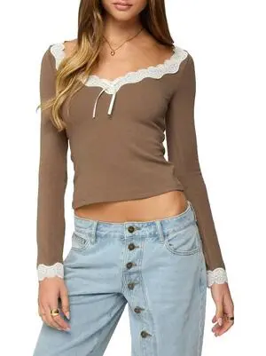 EDIKTED Contrast Lace Trim Long Sleeve Top - Brown