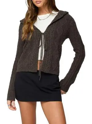 EDIKTED Jayla Cable Knit Hooded Cardigan - Brown