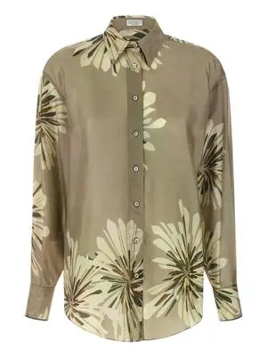 Brunello Cucinelli Floral Silk Shirt With Monili Detail - Neutrals