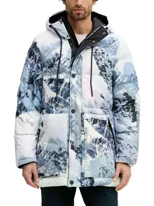 Guess Hooded Print Coat - Blue