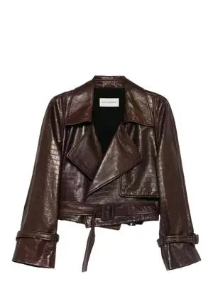 Nour Hammour Croco Belted Leather Jacket - Brown