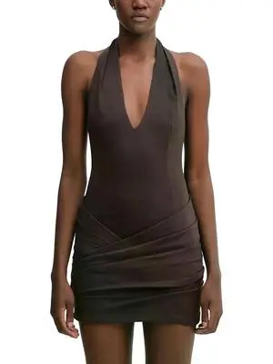 LA MANIA Blanca Halterneck Draped Dress - Brown